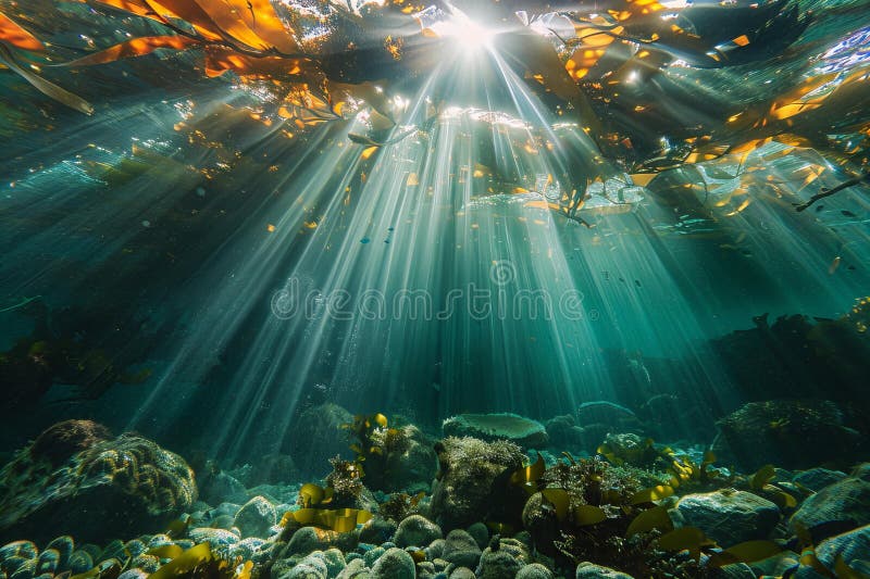 Digital Artwork of View of the Ocean Floor with Kelp and Sun Beams ...