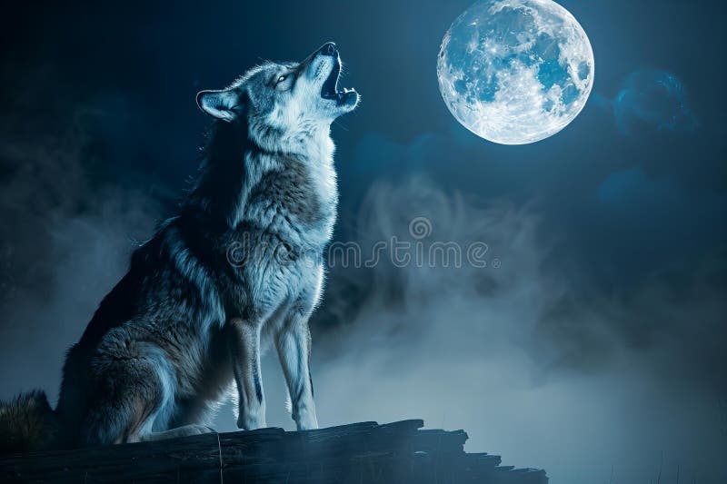 Digital Artwork of Wolf Howling in the Fog and Full Moon, High Quality ...