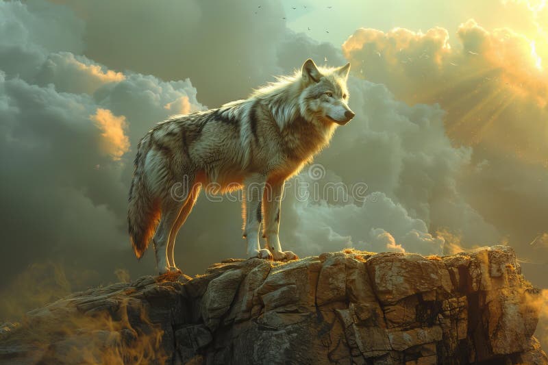 Digital Artwork of the Wolf Stands on a Cliff Behind Dark Clouds, High ...