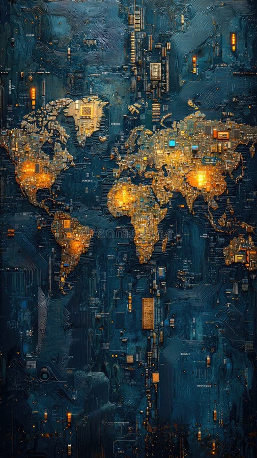 Digital Atlas: World Map Crafted from Microchips, Modern World S ...