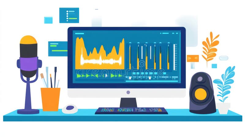 Audio Editing Workspace with Microphone and Speaker Stock Illustration ...