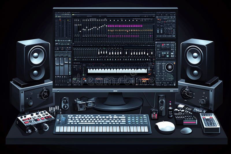 Professional Music Production Studio Setup with Computer Monitors ...