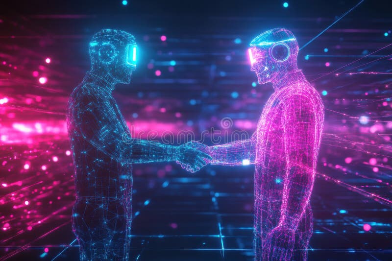Digital Avatars Engage in Handshake Exchange within a Vibrant Metaverse ...