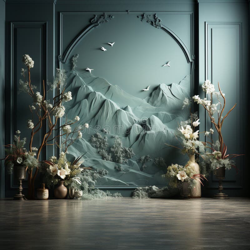 Digital Backdrop of a Large Window Covered in White Floral Motifs and ...