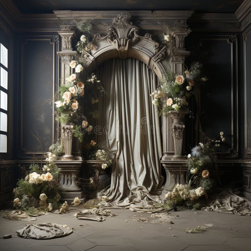 Digital Backdrop of a Large Window Covered in White Floral Motifs and ...