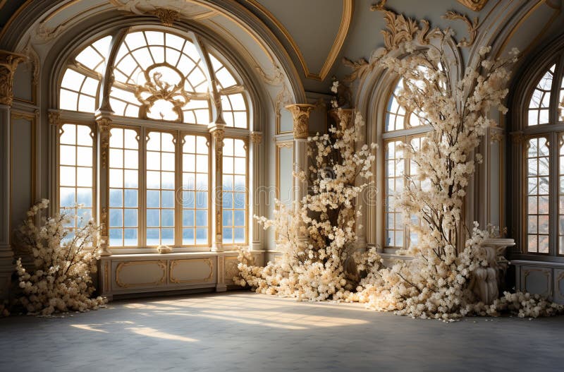 Digital Backdrop of a Large Window Covered in White Floral Motifs and ...