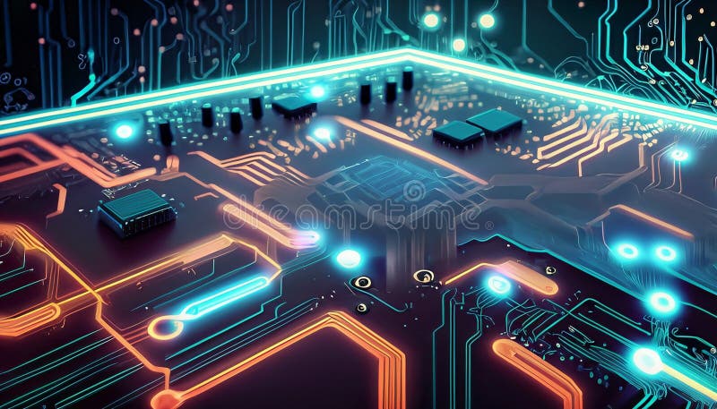 Digital Background with Computer Chip and Neon Light Stock Illustration ...