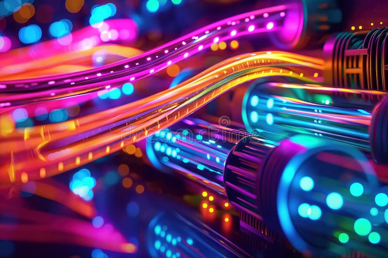 Digital Background with Glowing Electric Cables and LED Lights. Optical ...