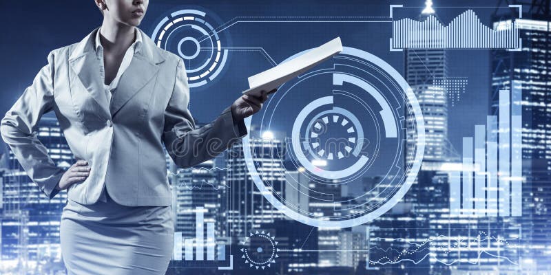 Digital Background with Infographs and Lady Extending Papers or Stock ...