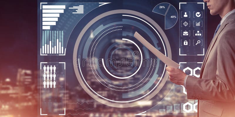 Digital Background with Infographs and Man Extending Papers or Contract ...