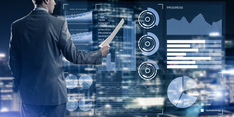 Digital Background with Infographs and Man Extending Papers or Contract ...