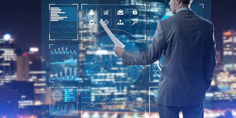 Digital Background with Infographs and Man Extending Papers or Contract ...