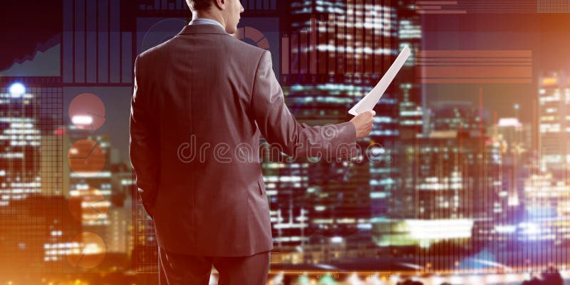 Digital Background with Infographs and Man Extending Papers or Contract ...