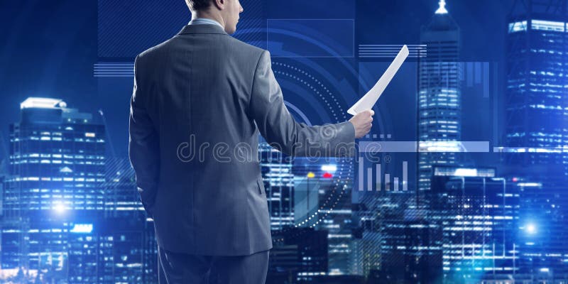 Digital Background with Infographs and Man Extending Papers or Contract ...