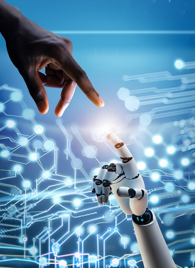 Digital Background with Robot Hand and Human Hand Stock Illustration ...