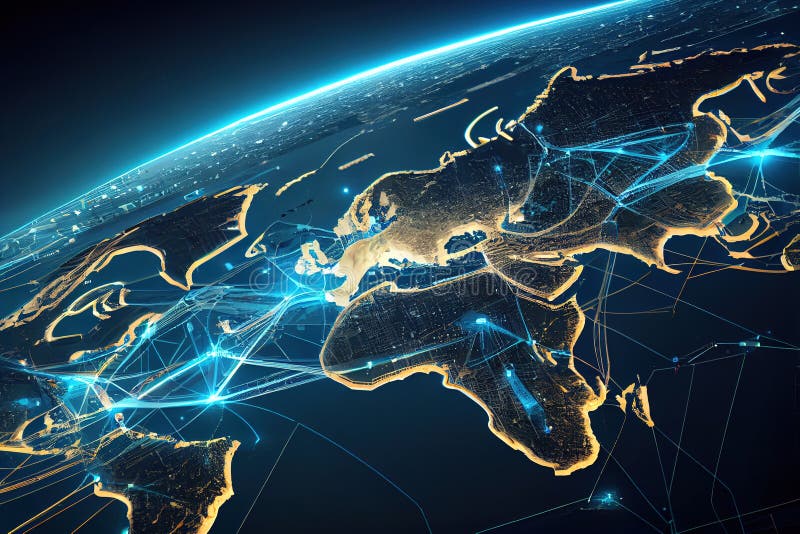 Digital Background View of the Earth from Space. Light Lines Connecting ...