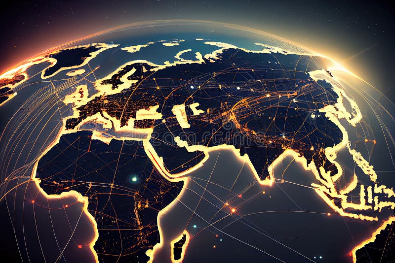 Digital Background View of the Earth from Space. Light Lines Connecting ...