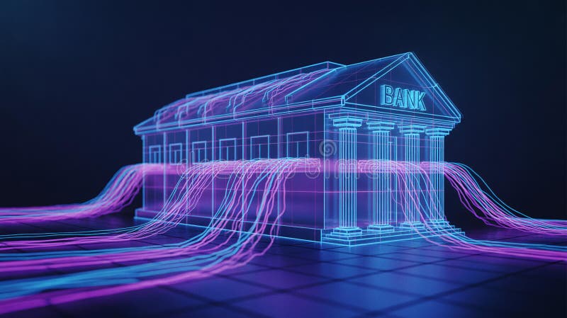 Digital Bank with Glowing Data Streams Neon Stock Photo - Image of ...