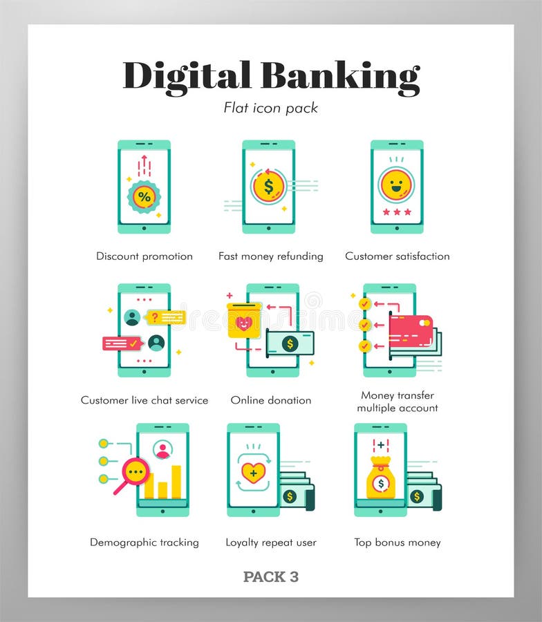 Digital Banking Icons Flat Pack Stock Vector - Illustration of media ...