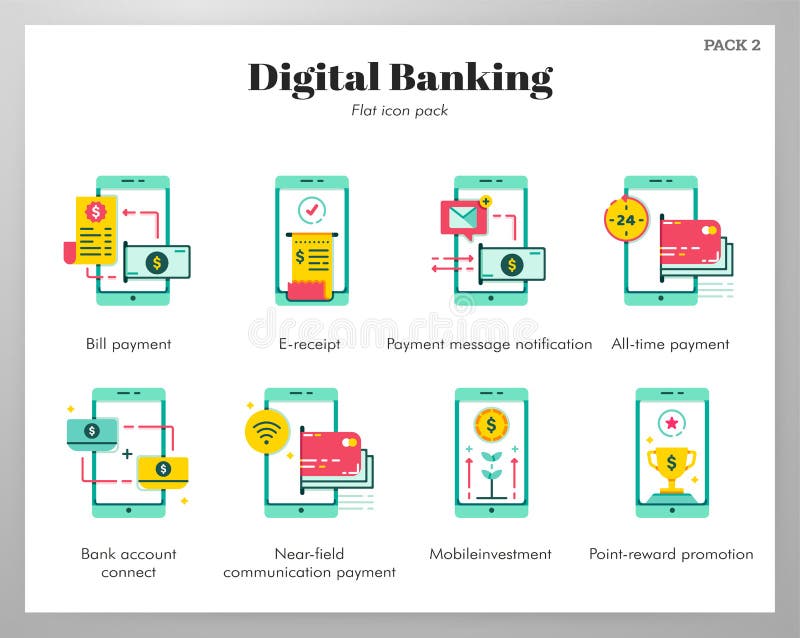 Digital Banking Icons Flat Pack Stock Vector - Illustration of bill ...