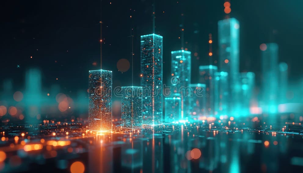 Digital Bar Chart with Growing Tech Symbol Bars. Modern Data Visualization Showing Growth Trend ...