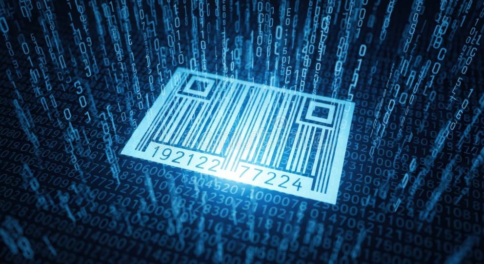 Digital Barcode Glowing Brightly Amidst Streams of Binary Code Data Stock Illustration ...