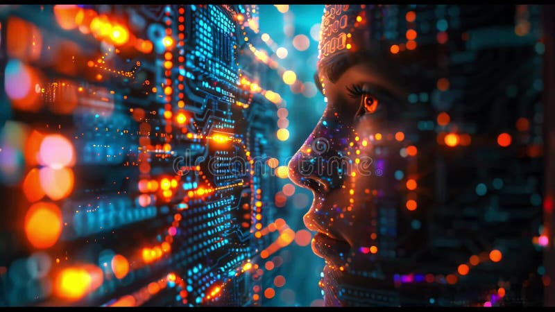 Digital Beautiful Human Face on Background of Printed Circuit Board ...