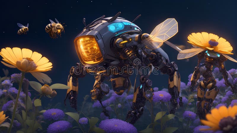 3d Digital Bee Robot Graphic with Flower Garden at Night Stock ...