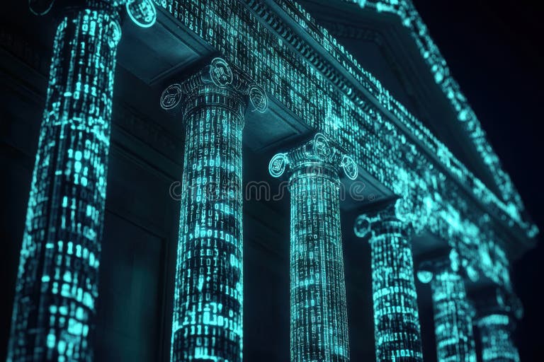 Digital Binary Code Ancient Greek Columns Architecture Design Data Neon ...