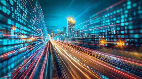 Digital Binary Code Background ,theme of Technology and Data Flow in an Urban Environment.. AI ...