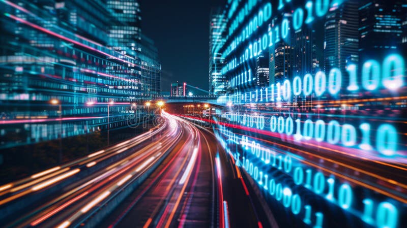 Digital Binary Code Background ,theme of Technology and Data Flow in an Urban Environment.. AI ...
