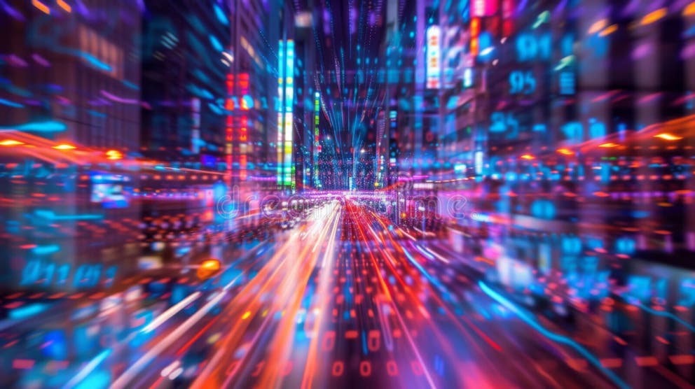 Digital Binary Code Background ,theme of Technology and Data Flow in an Urban Environment.. AI ...