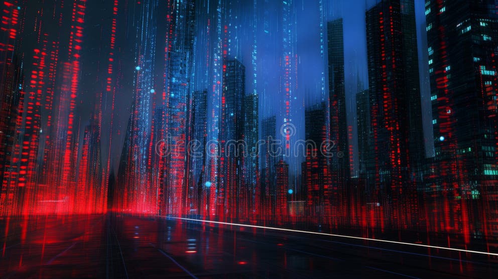 Digital Binary Code Background ,theme of Technology and Data Flow in an Urban Environment.. AI ...