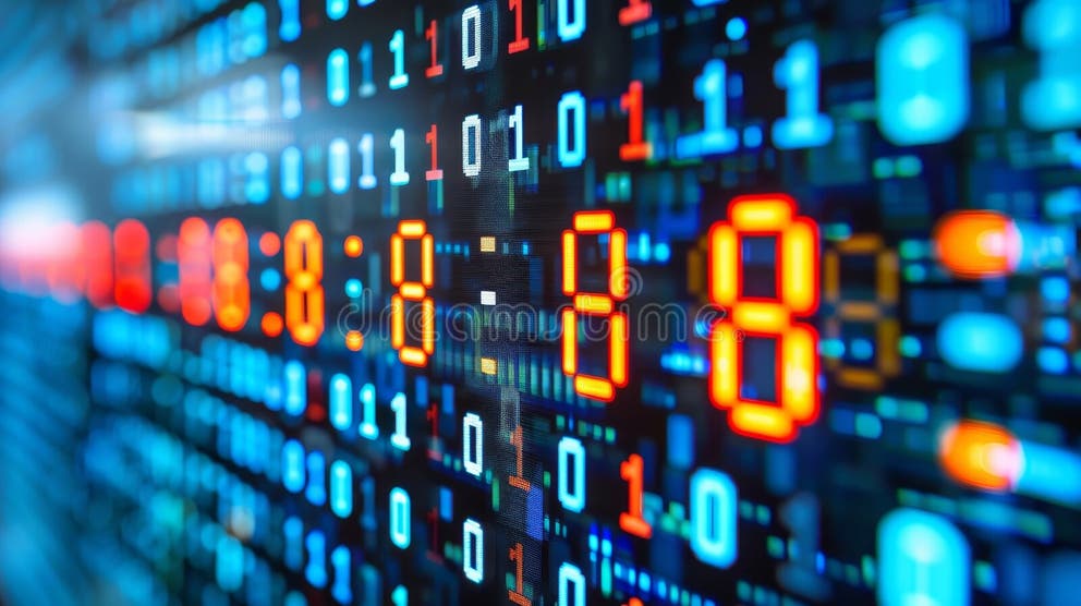 Digital Binary Code Data Stream Encryption with Glowing Red and Blue Dots on Pixelated Interface ...