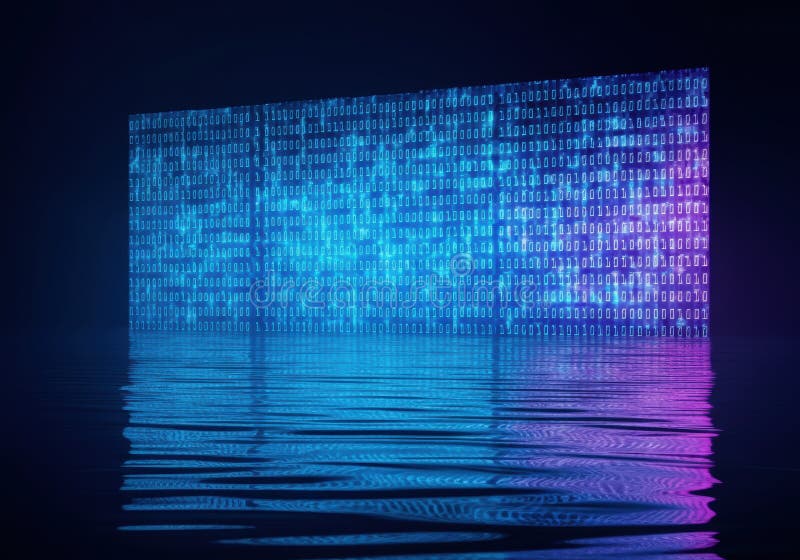 Digital Binary Code Displayed on a Glowing Screen Reflected in Water ...