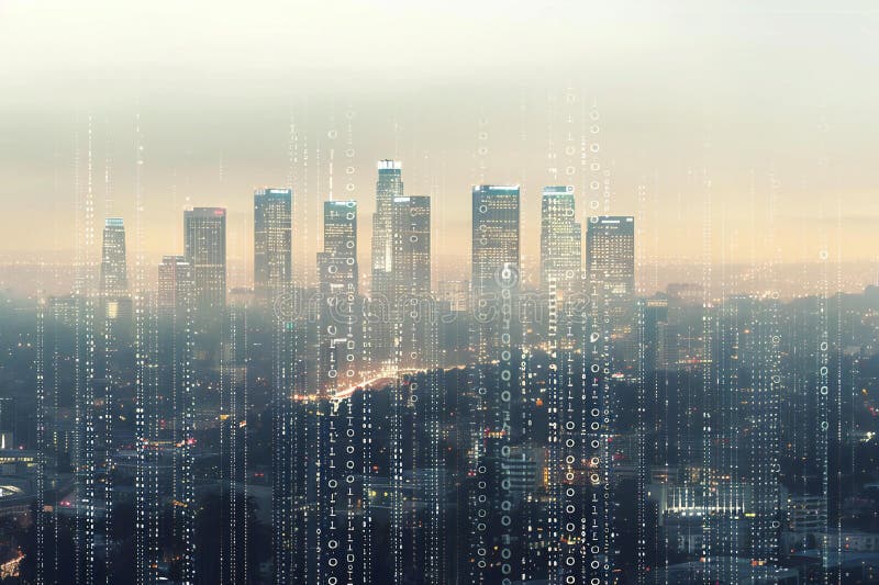 Digital Binary Code Floated Above the Cityscape of Los Angeles, with ...