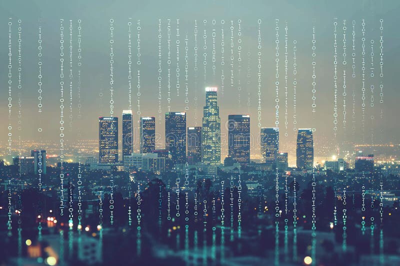 Digital Binary Code Floated Above the Cityscape of Los Angeles, with ...