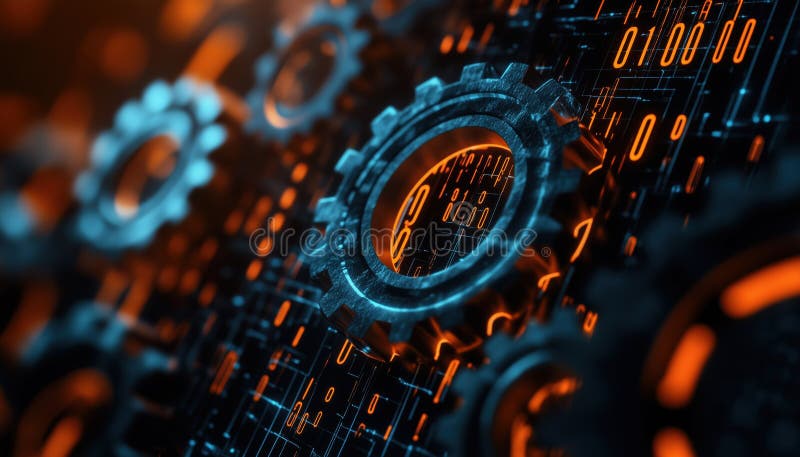 Digital Binary Code Gears Icons Illustrated in a Matrix Background with ...
