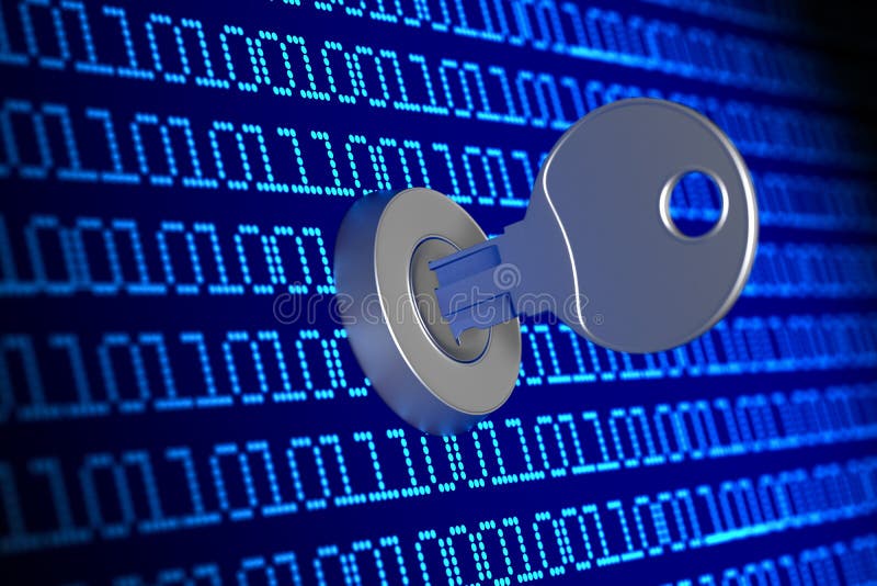 Digital Binary Code with Key on Blue Background. 3d Illustration Stock ...