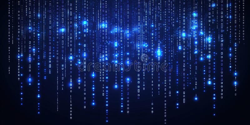 Digital Binary Code Rain on a Dark Blue Background with Abstract Lighting Stock Illustration ...