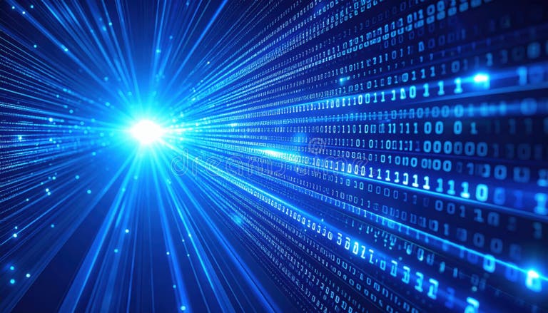 Digital Binary Code and Rays of Data Streams Flow through a Glowing Virtual Space at High Speed ...