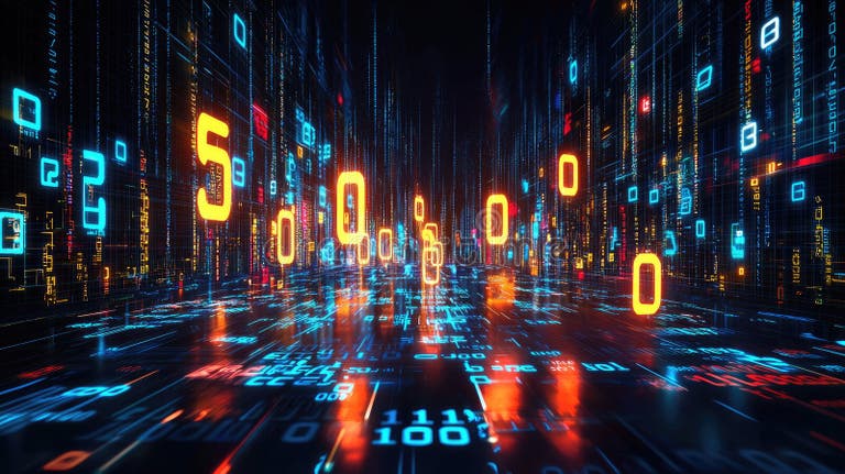 Digital Binary Code Tunnel with Glowing Numbers Data Stream, Technology, and Information Flow ...