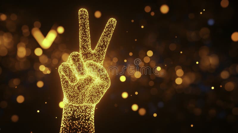 Hand Raised in a Peace Sign Illuminated by Orange Lights and Digital ...