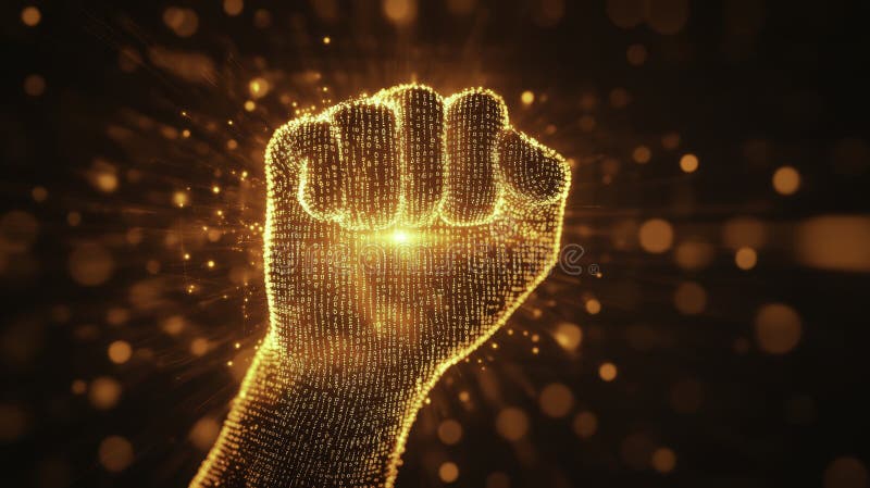 Digital Binary Peace Sign Hand Raised High with Glowing Orange Lights ...