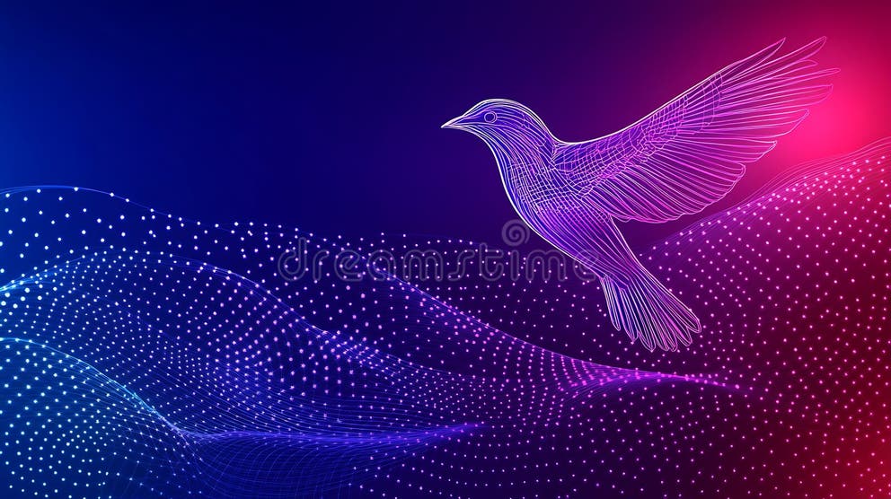 Digital Bird Soaring Over Abstract Purple Waves Stock Image - Image of ...