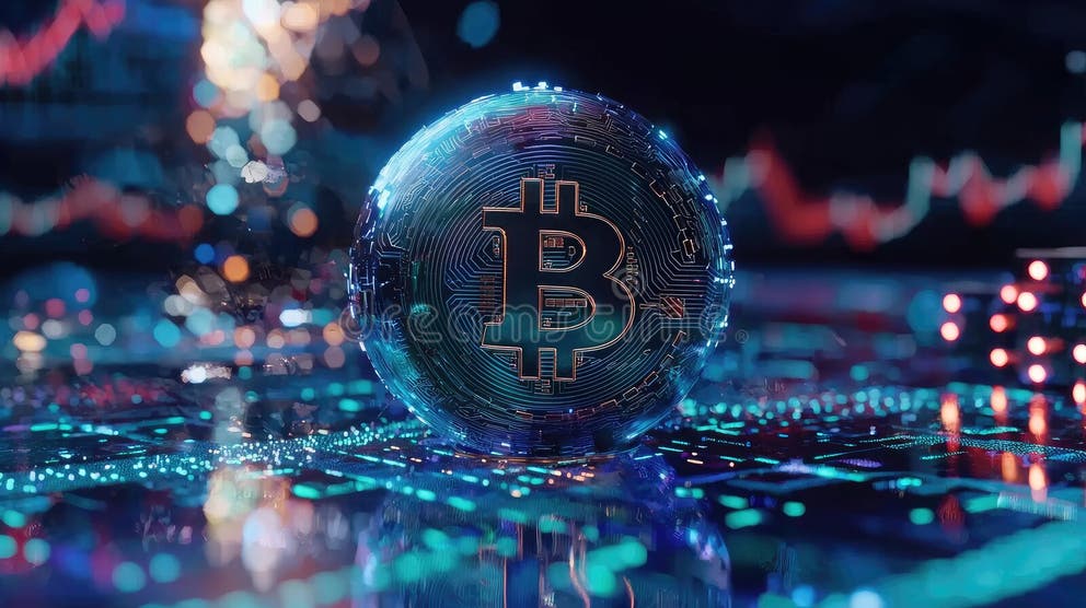 Digital Bitcoin Sphere with Glowing Circuitry on Reflective Surface ...