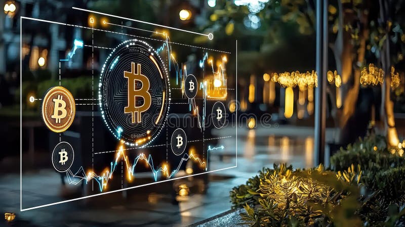 Digital Bitcoin Visualization in Outdoor Urban Setting with Glowing ...