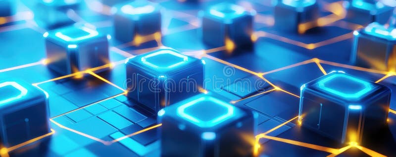 A Digital Block Chain Made of Glowing Cubes Connected by Encrypted Data ...