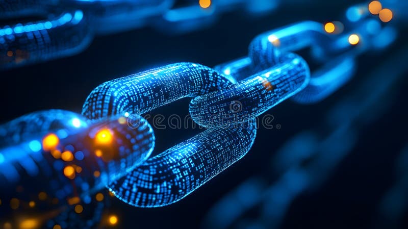 Digital Blockchain Chain With Binary Code And Glowing Links Symbolizing Data Security And