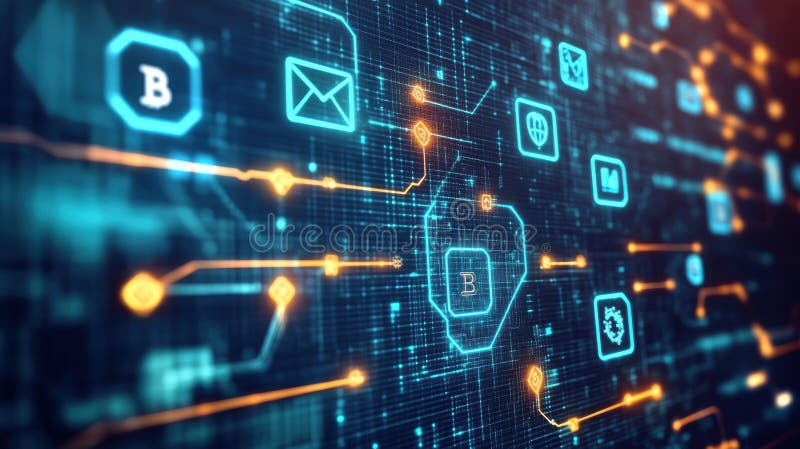 Digital Blockchain Network With Blue And Orange Data Nodes Stock Illustration Illustration Of